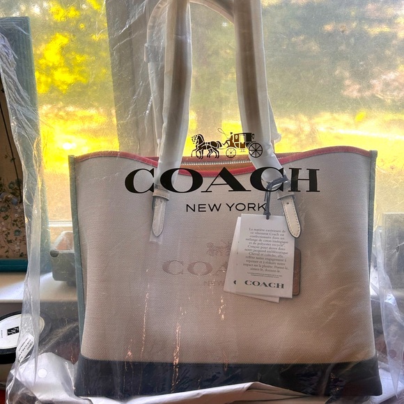 Coach | Bags | Coach Cream And Navy Tote With Pinkorange Baby Blue ...